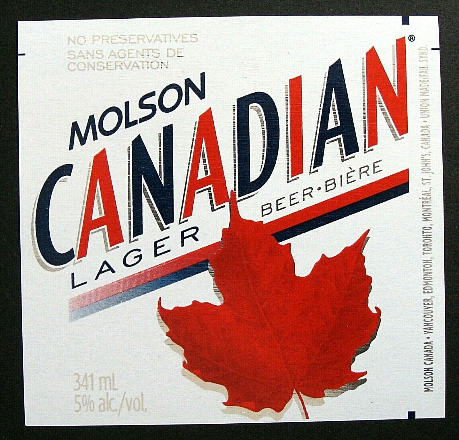 Molson Canada MOLSON CANADIAN LAGER foil beer label CANADA 341mL | eBay
