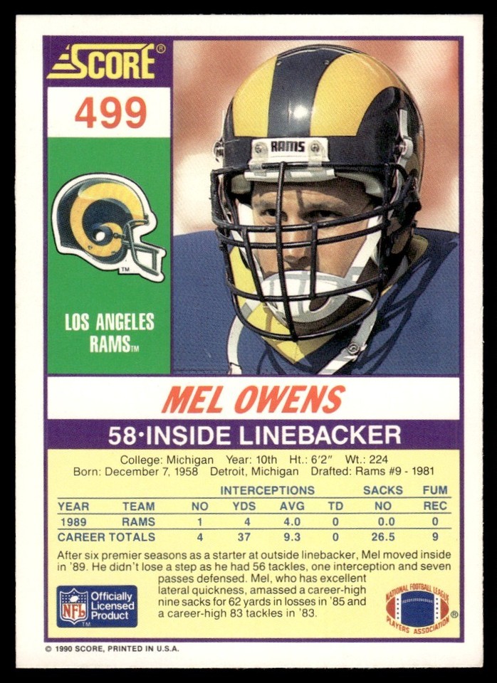 1990 Score Mel Owens Los Angeles Rams #499 | eBay
