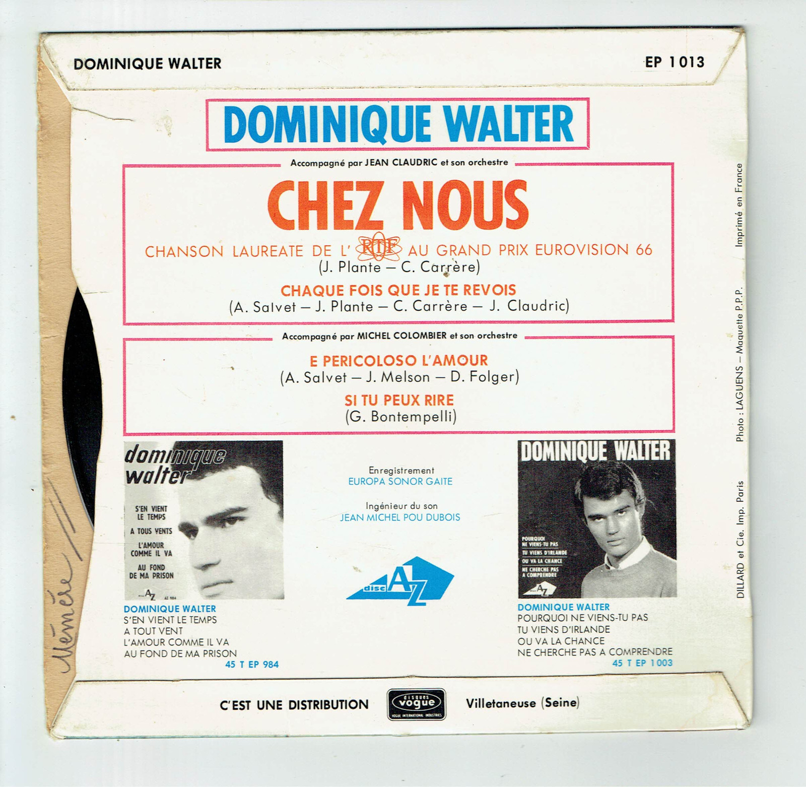 Dominique Walter Vinyl 45 RPM EP 7 " Chez Nous Eurovision One Size Can ...
