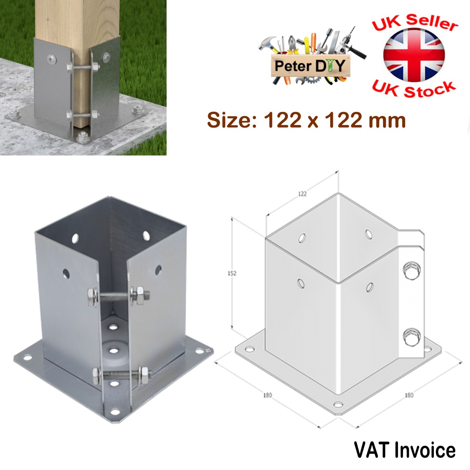Heavy Duty Galvanised Bolt Down SQUARE POST SUPPORT Fence Foot Base 77 ...