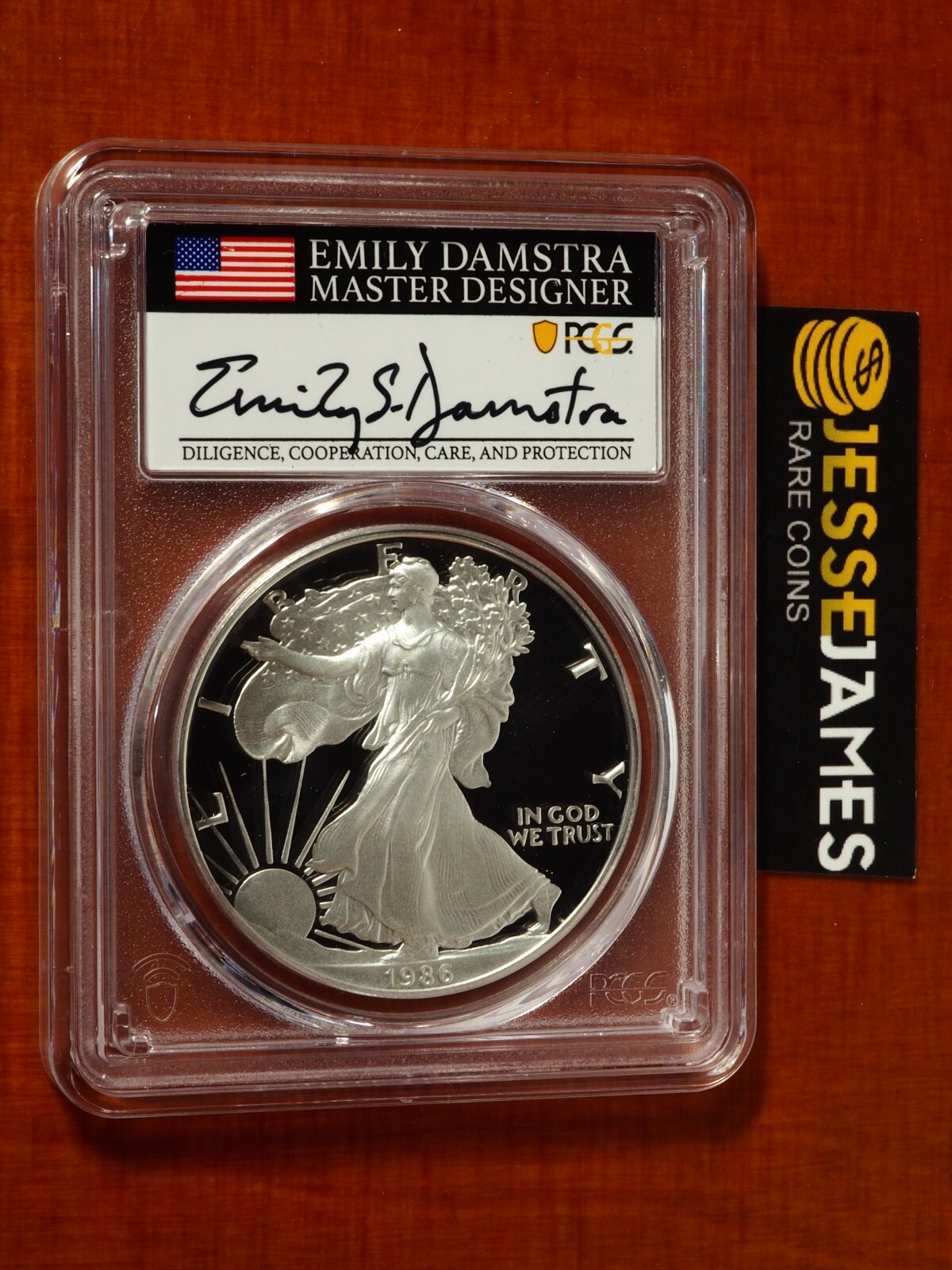 1986 S PROOF SILVER EAGLE PCGS PR70 DCAM EMILY DAMSTRA SIGNED FLAG ...