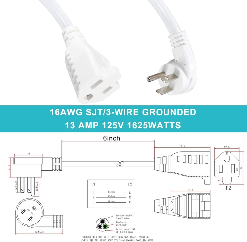 1 Pack Flat Wall Plug Short Power Extension Cord 6inch Mini White Low ...