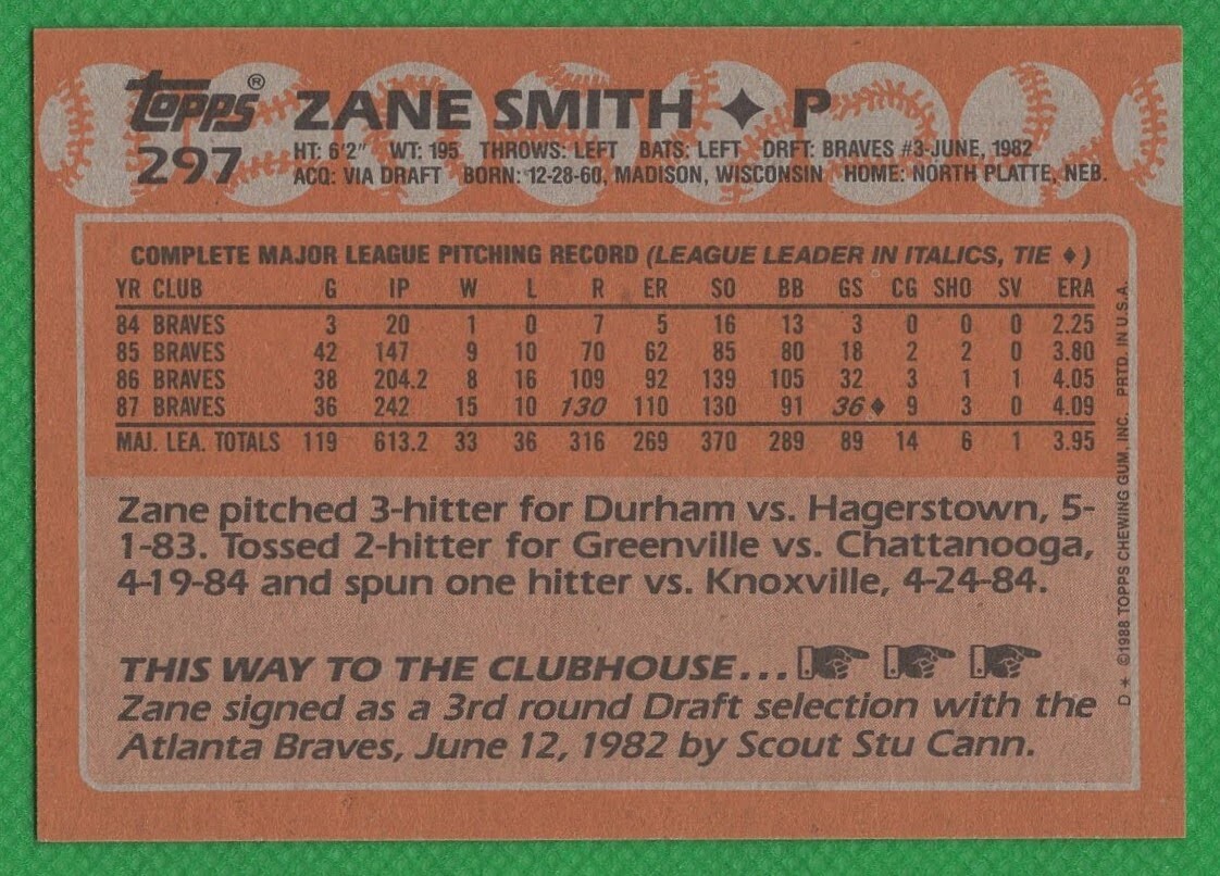 1988 Topps - #297 Zane Smith for sale online | eBay