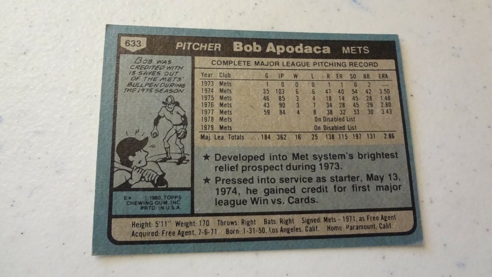 1980 TOPPS # 633 BOB APODACA BASEBALL CARD | eBay