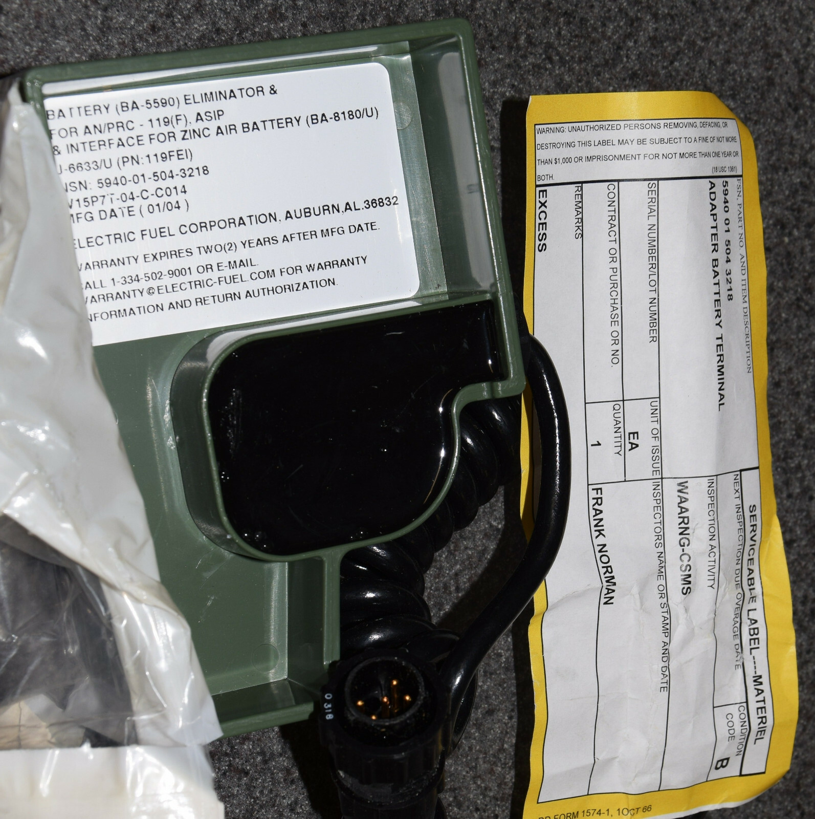 MILITARY RADIO PRC-119 ASIP BATTERY INTERFACE ELIMINATOR ADAPTER J-6633 ...