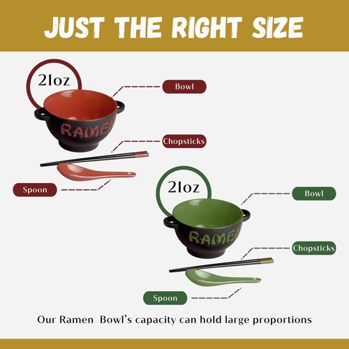 Red & Green Ceramic Ramen Bowl Set with Chopsticks and Spoon - Set of 2 ...