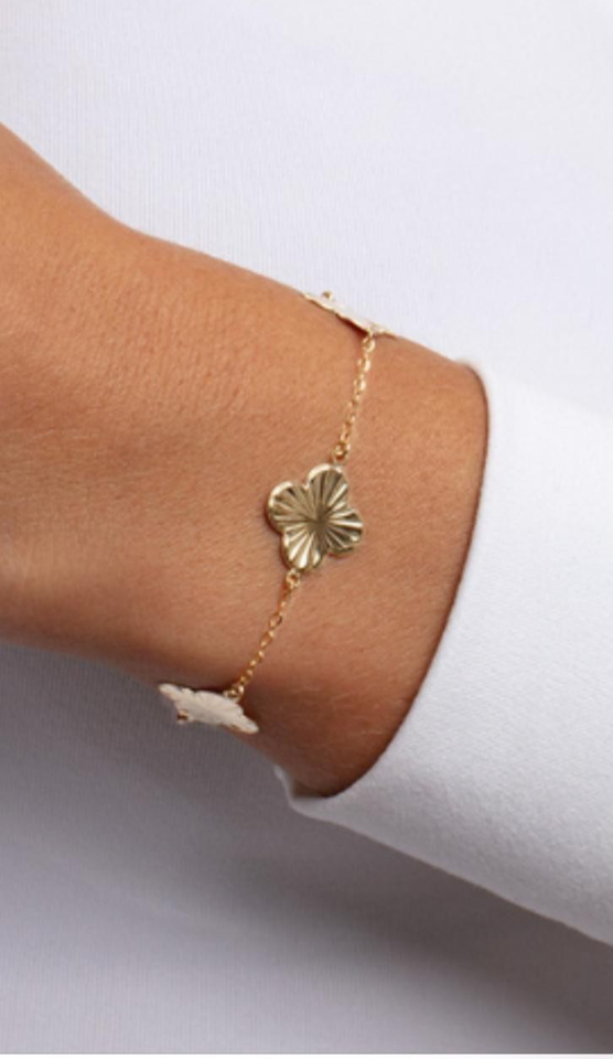 14k Yellow Gold 7.25" Clover Flower Chain Link Bracelet - 4 stations 2. ...