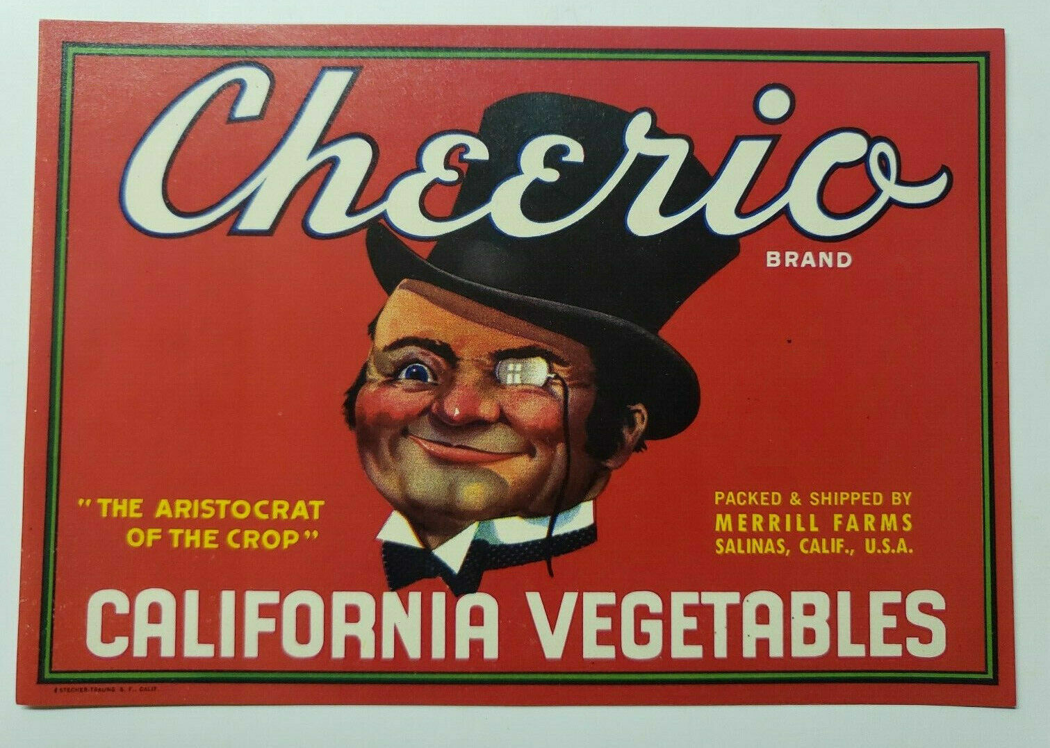 Vintage Cheerio Brand California Vegetables Crate Label Merrill Packing ...