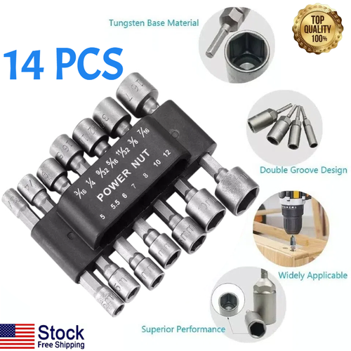 14 PCS Power Nut Driver Bit Set Quick Change MM & SAE Impact 1/4" Hex ...