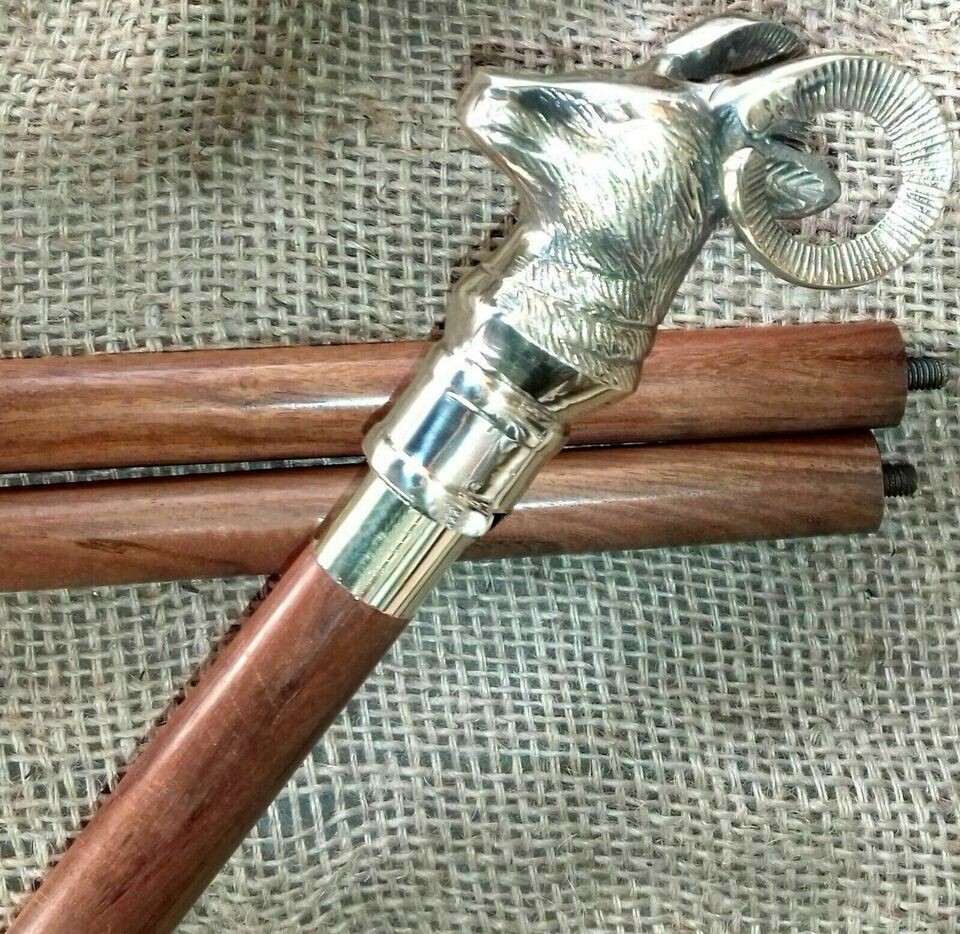 Antique Victorian Style Brass Goat Head Handle Walking Stick with ...