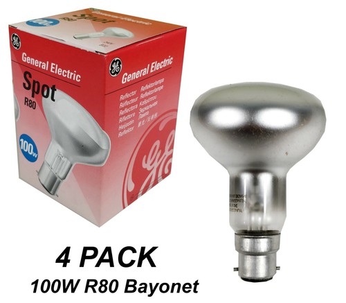 4 x 100W Incandescent R80 Reflector Light Globes Bayonet B22 BC General ...