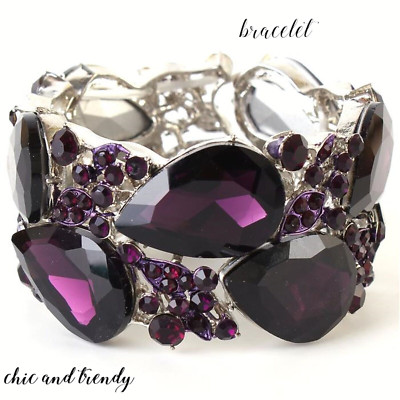 HIGH END DARK PURPLE GLASS CRYSTAL CHUNKY BRACELET PROM WEDDING FORMAL ...
