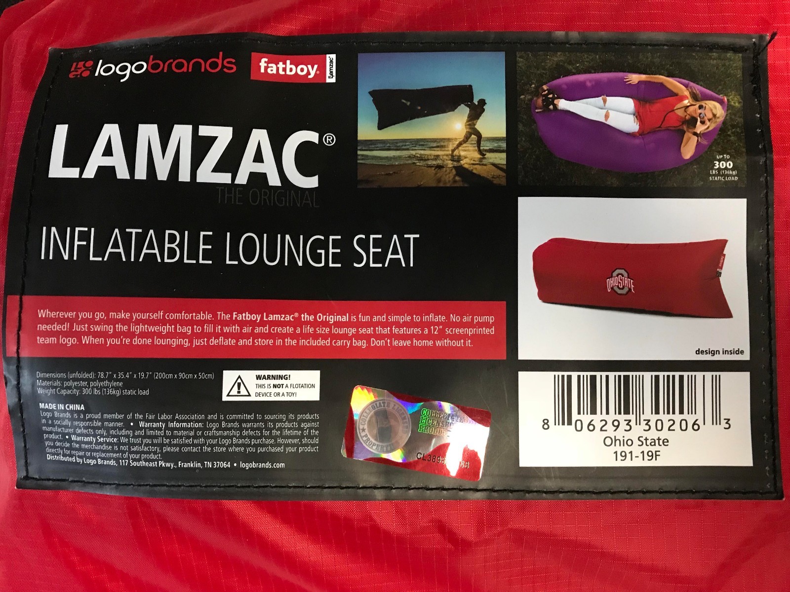 Lamzac Fatboy Ohio State Buckeyes Inflatable Lounge Seat NEW OSU ...