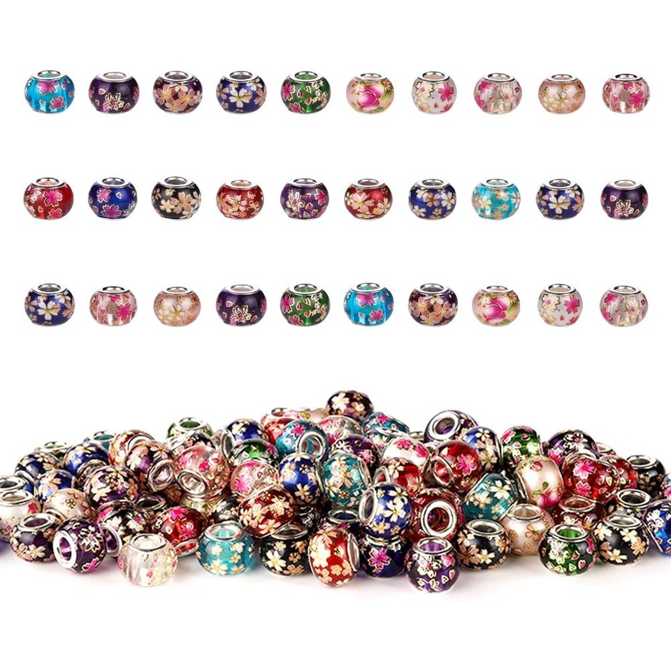 50 Pieces 13x9 mm Japanese Color Painting Murano Large Hole Glass Beads ...