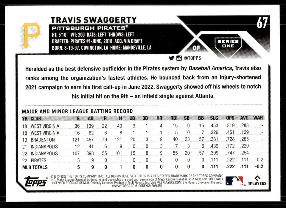 2023 Topps Travis Swaggerty Rookie Pittsburgh Pirates #67 | eBay