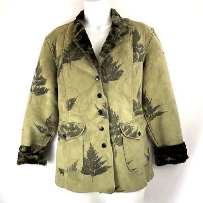 ROBERT KITCHEN Sz M Green Faux Suede Reversible Coat Jacket Leaf ...