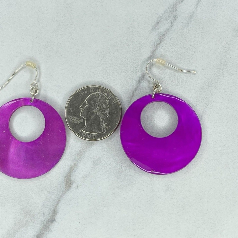 Purple Mother of Pearl Shell Dangle Silver Tone Earrings Pierced Pair ...