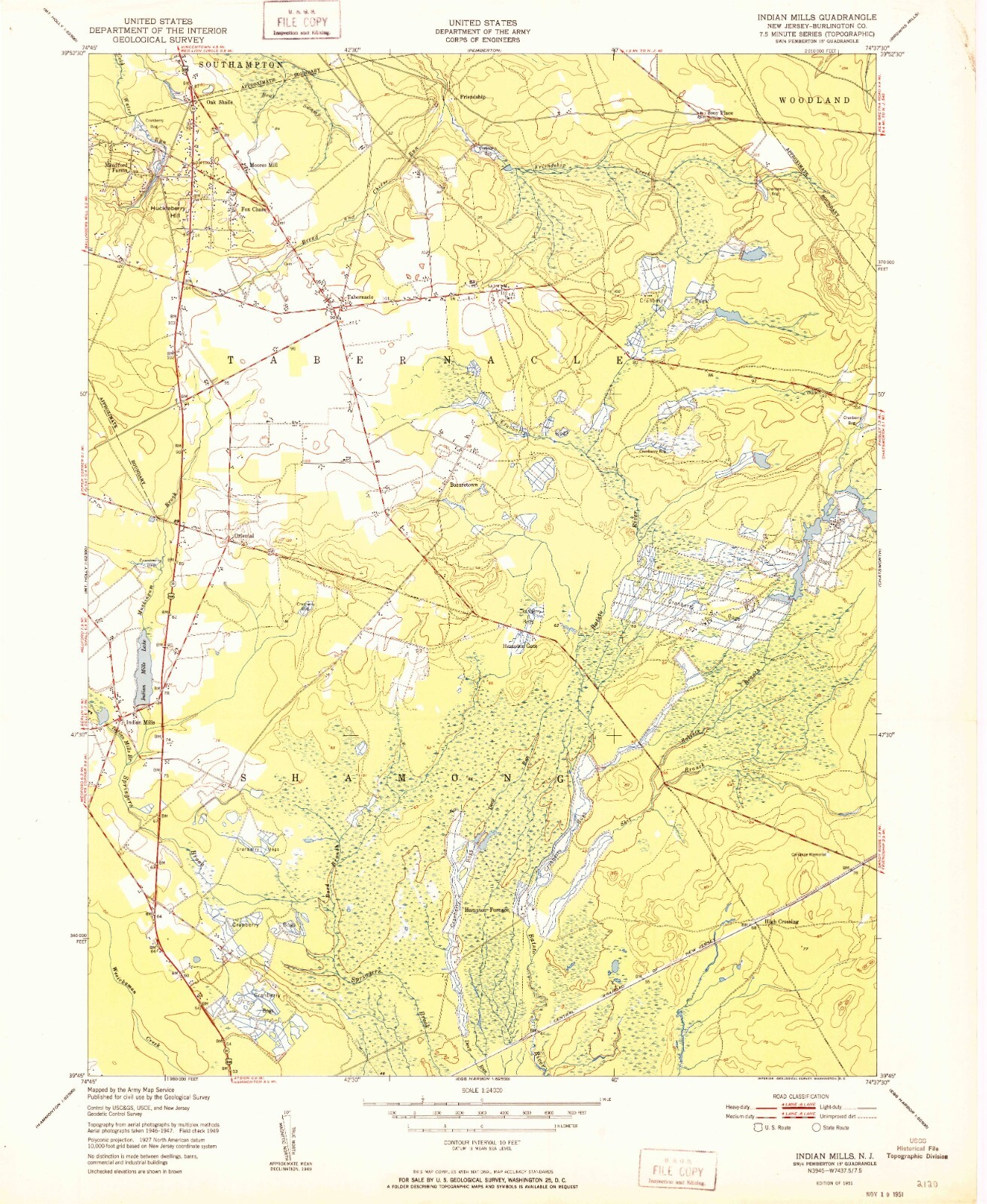 Indian Mills, NJ, Topographic Map, 1951, USGS – Premium Matte Print ...