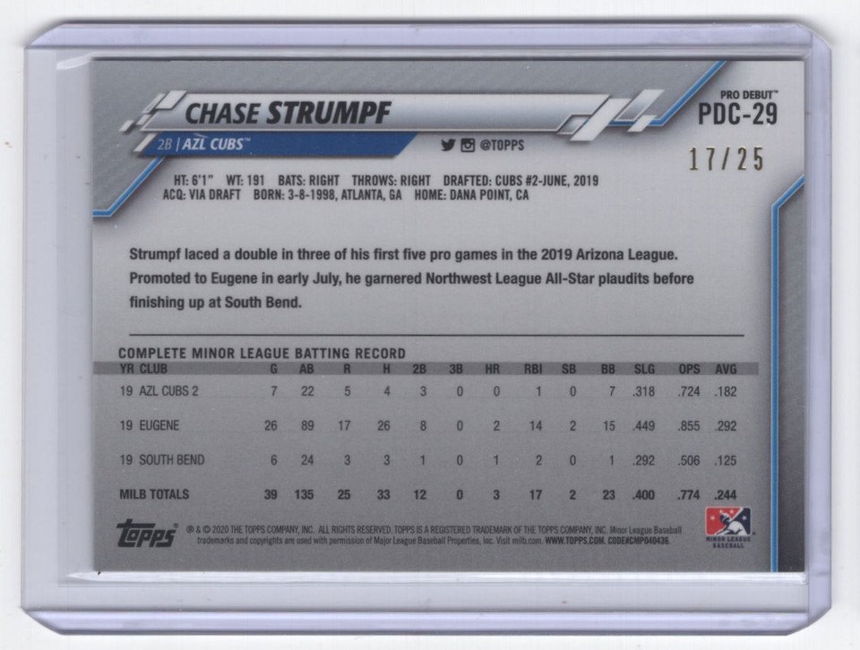 2020 Topps Pro Debut Chrome Orange Chase Strumpf 17/25 AZL Cubs #PDC-29 ...