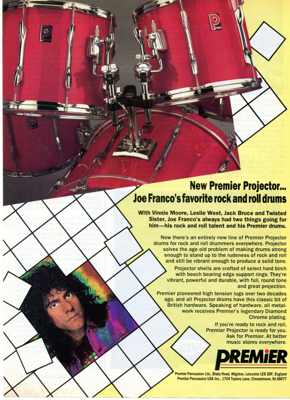 1988 Print Ad of Premier Projector Drum Kit w Joe Franco of Twisted ...