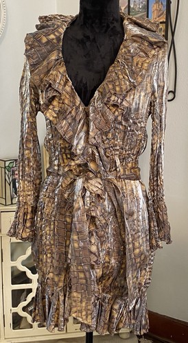 Alberto Makali Ruffle Belt Jacket Brown Shimmer Reptile Croc Bell Sleeve Large | eBay