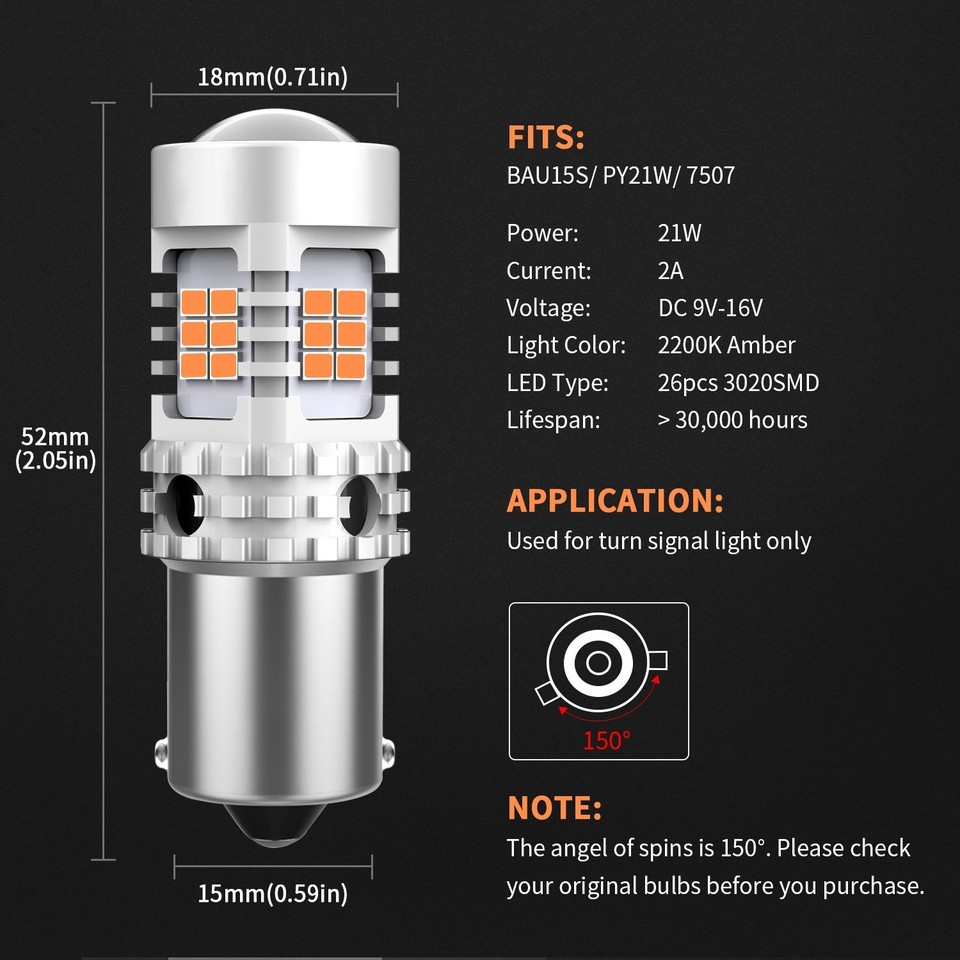BAU15S 7507 LED Turn Signal Light Amber Canbus No Hyper Flash Error ...