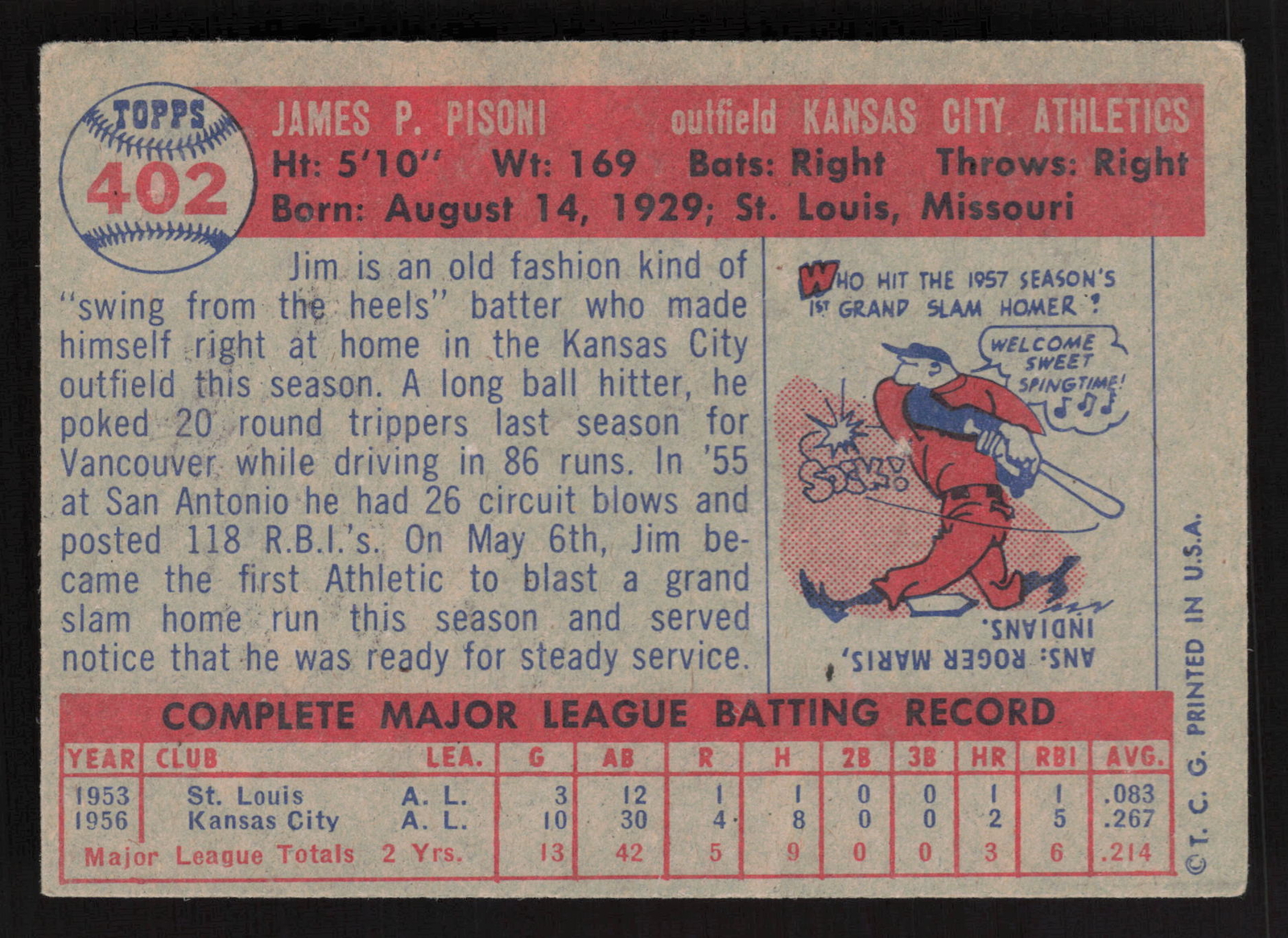 Jim Pisoni 1957 Topps Rookie #402 Kansas City Athletics VG-EX SU | eBay