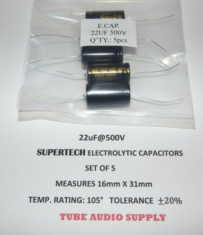22uF@500volt ELECTROLYTIC CAPACITOR, AXIAL, SUPERTECH HIGH QUALITY, SET ...