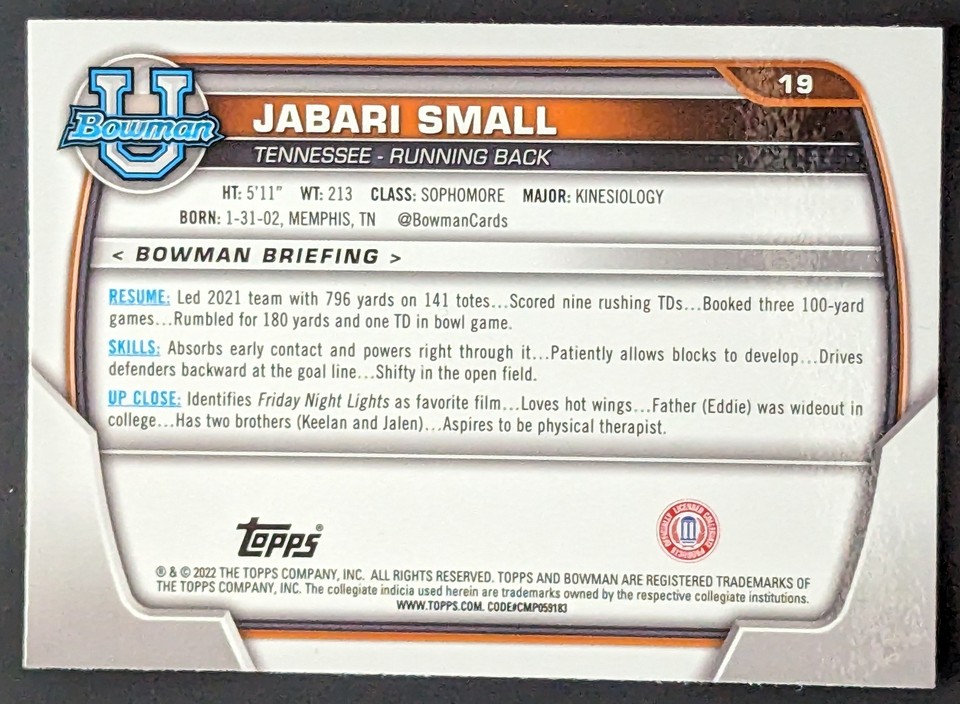 Jabari Small Tennessee Volunteers 2022 Bowman Chrome University #19 ...