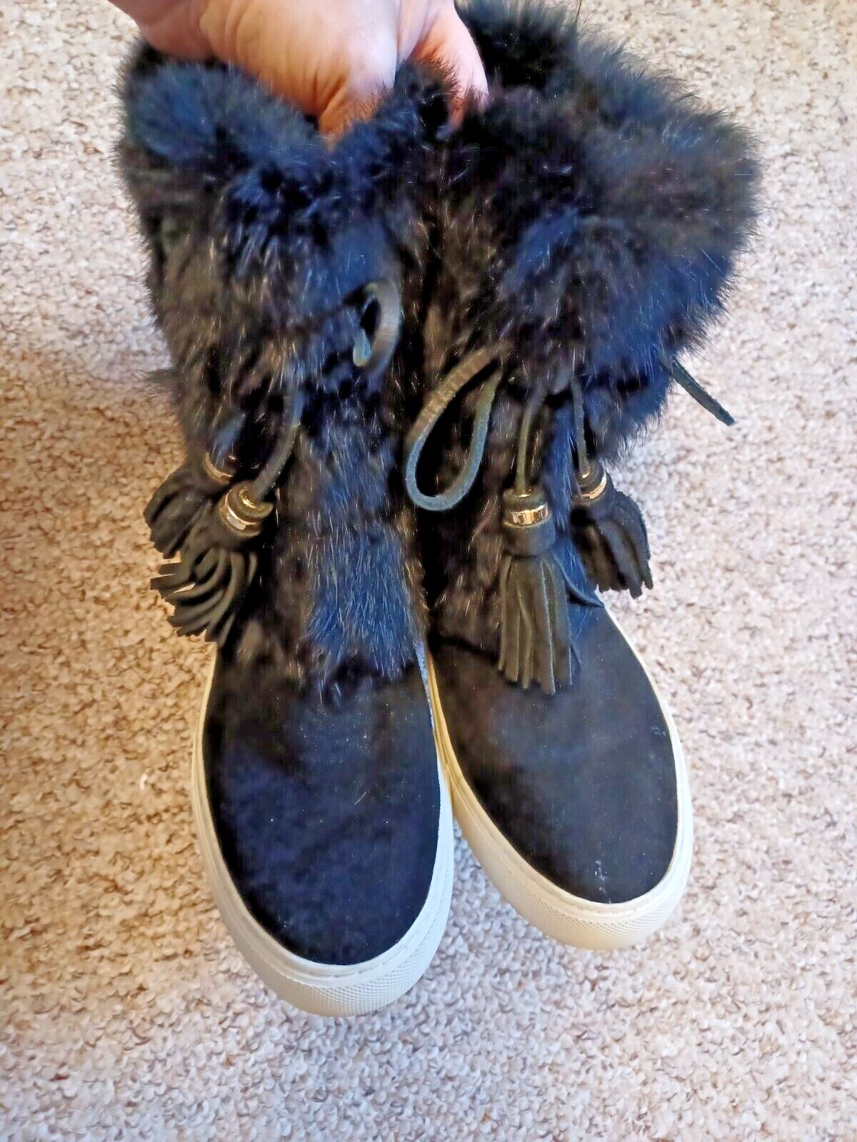 TORY BURCH BLACK ANGELICA BOOT RABBIT FUR SPLIT SUEDE… - Gem