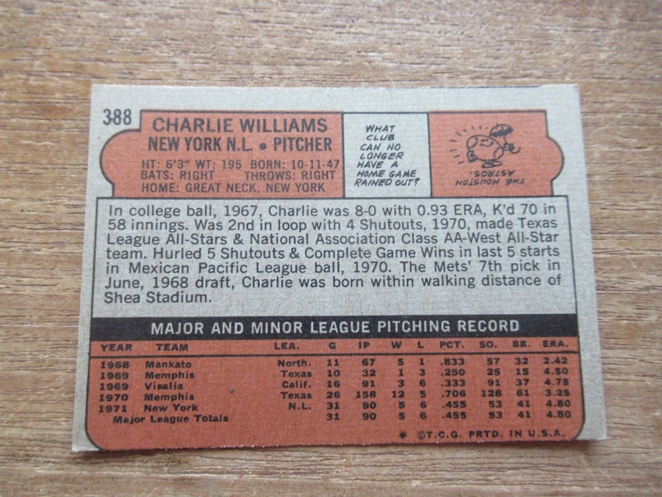 1972 TOPPS CHARLIE WILLIAMS #388 NEW YORK METS HIGH GRADE NO CREASES ...