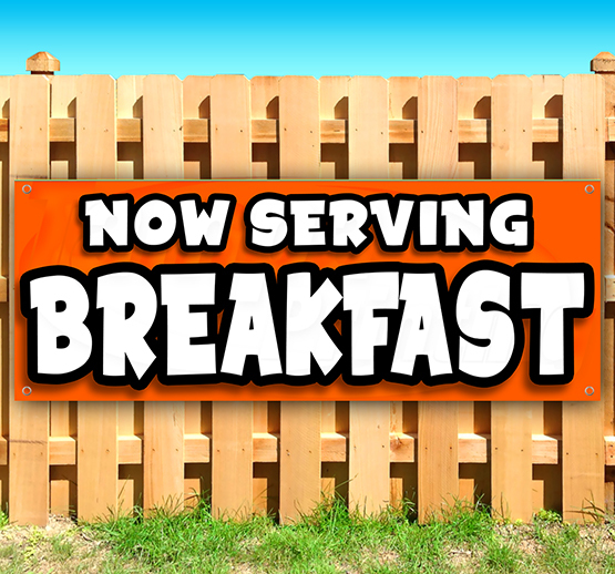 NOW SERVING BREAKFAST Advertising Vinyl Banner Flag Sign CARNIVAL FAIR ...