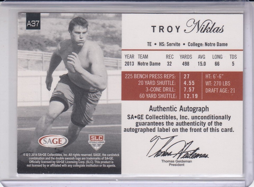 TROY NIKLAS 2014 Sage Autograph Gold #37 39/50 Notre Dame | eBay