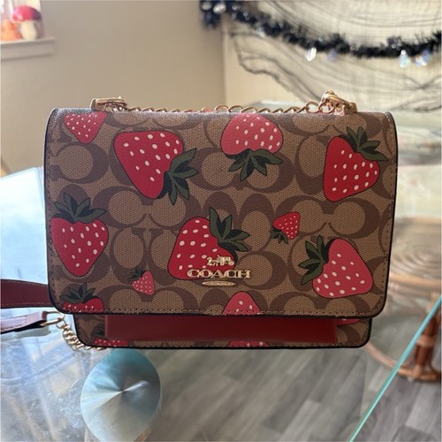 Coach Strawberry Print Logo Shoulder Bag Brown Chain Strap Gold ...