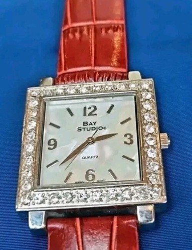 Bay Studio Women Watch Oyster Tone Face w/Rhinestones Red Leather Band ...