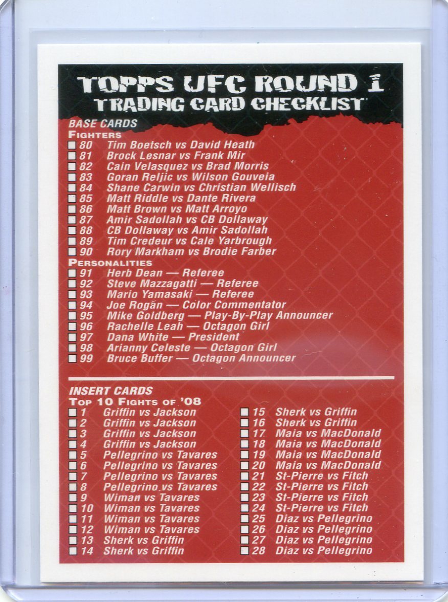 2009 TOPPS UFC ROUND ONE 1 CHECKLIST 2/3 | eBay