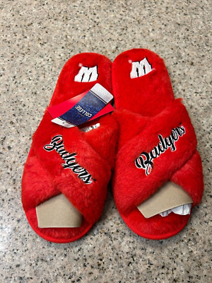 Foco Wisconsin Badgers Slippers Women’s XL 11-12 Faux Fur with Logo New ...