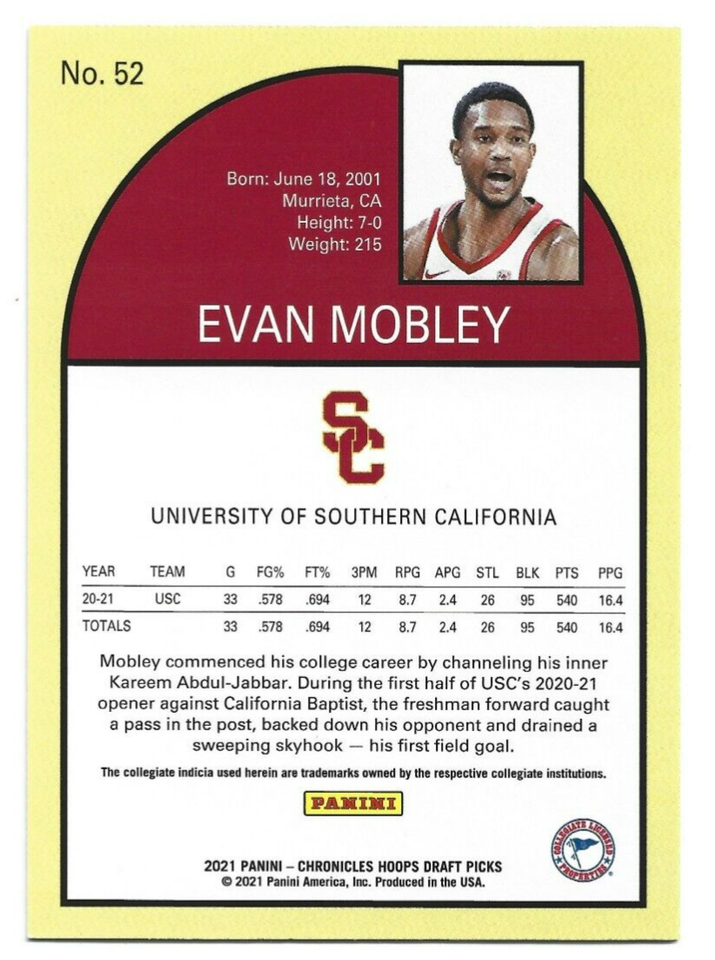 2021-22 Chronicles Draft Picks Blue #52 Evan Mobley RC (Cavaliers ...