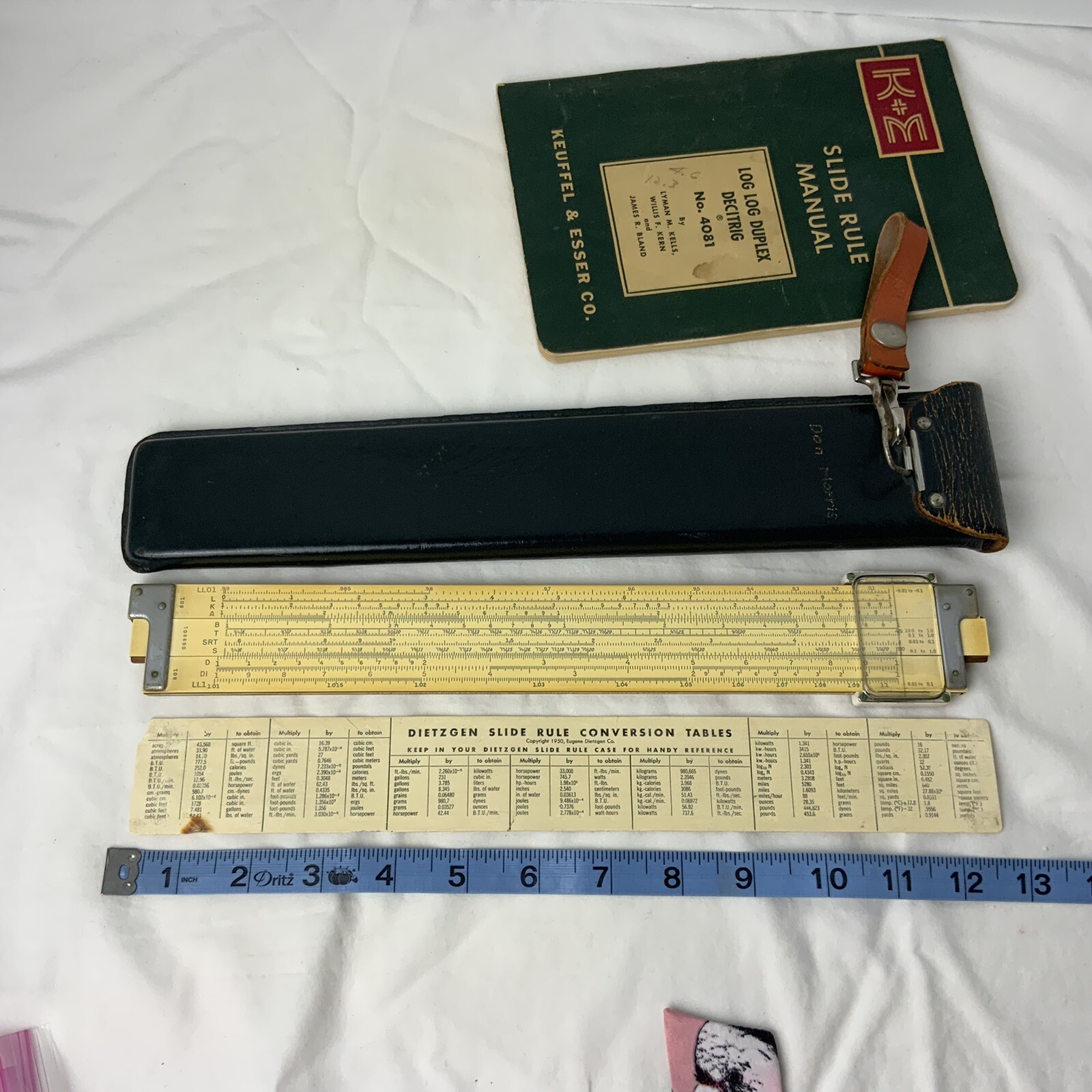 K & E 1947 Log Decitrig Slide Rule, Leather Case, Conversion Table ...
