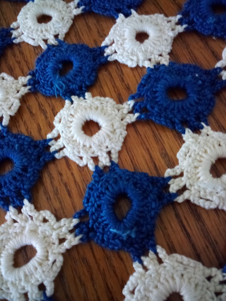 Hand Crocheted Cotton Navy Blue and White Doilies/Table runner Lot of 2 ...