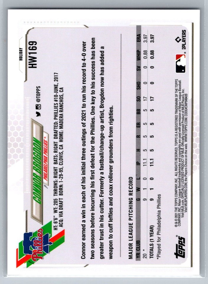 Connor Brogdon 2021 Topps Holiday BASEBALL #HW169 Philadelphia Phillies ...