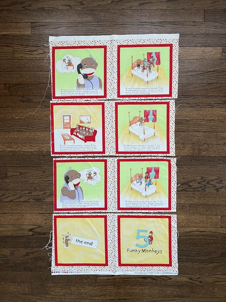 5 Funky Monkeys Fabric Book Panel Children’s Soft Quilting Sock Monkey ...