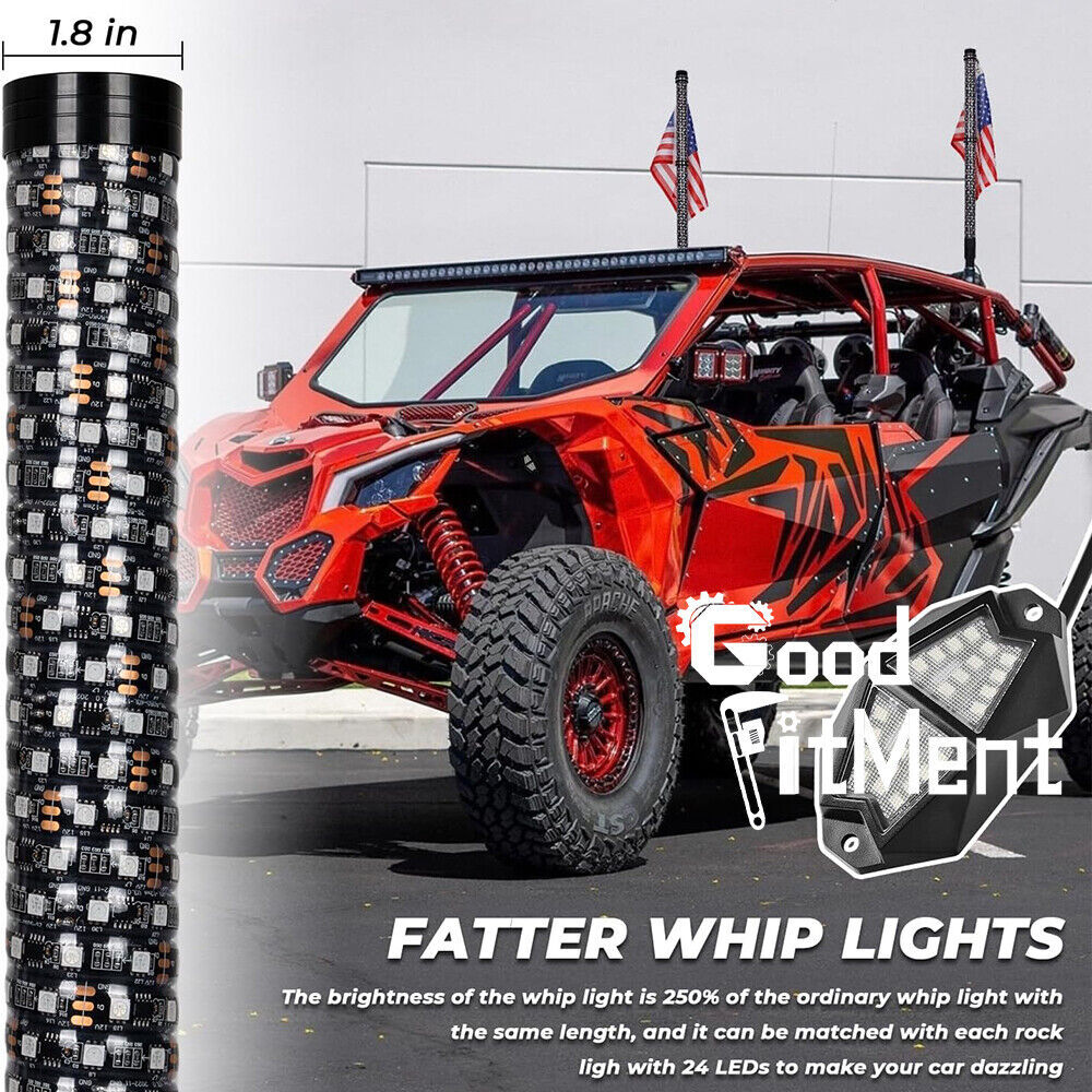 2PCS 2FT 1.8" Thick Spiral LED Fat Whip Light RGB Chasing Antenna For ...