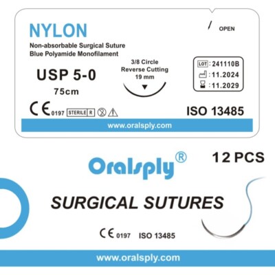 12 Boxes 5-0 NYLON Blue Mono Dental Oral Surgical Sutures 3/8 Reverse ...