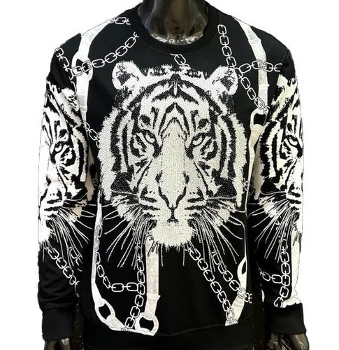 Men's Italian Fashion Long Sleeves Rhinestone Sweater Black/silver ...
