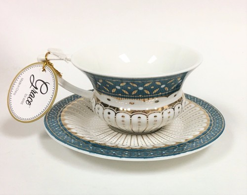 NEW 2 PC SET GRACE'S TEAWARE PORCELAIN WHITE,GOLD+TEAL GREEN TRIM TEA ...