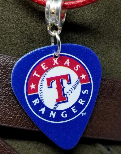 Texas Rangers Seal Blue Guitar Pick Necklace on Red Rolled Cord | eBay