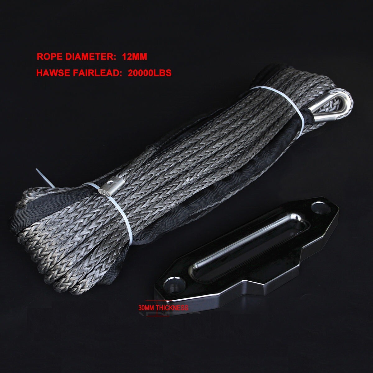 12MM X 30M Gray Synthetic Dyneema Winch Guide Rope Cable With Hawse ...