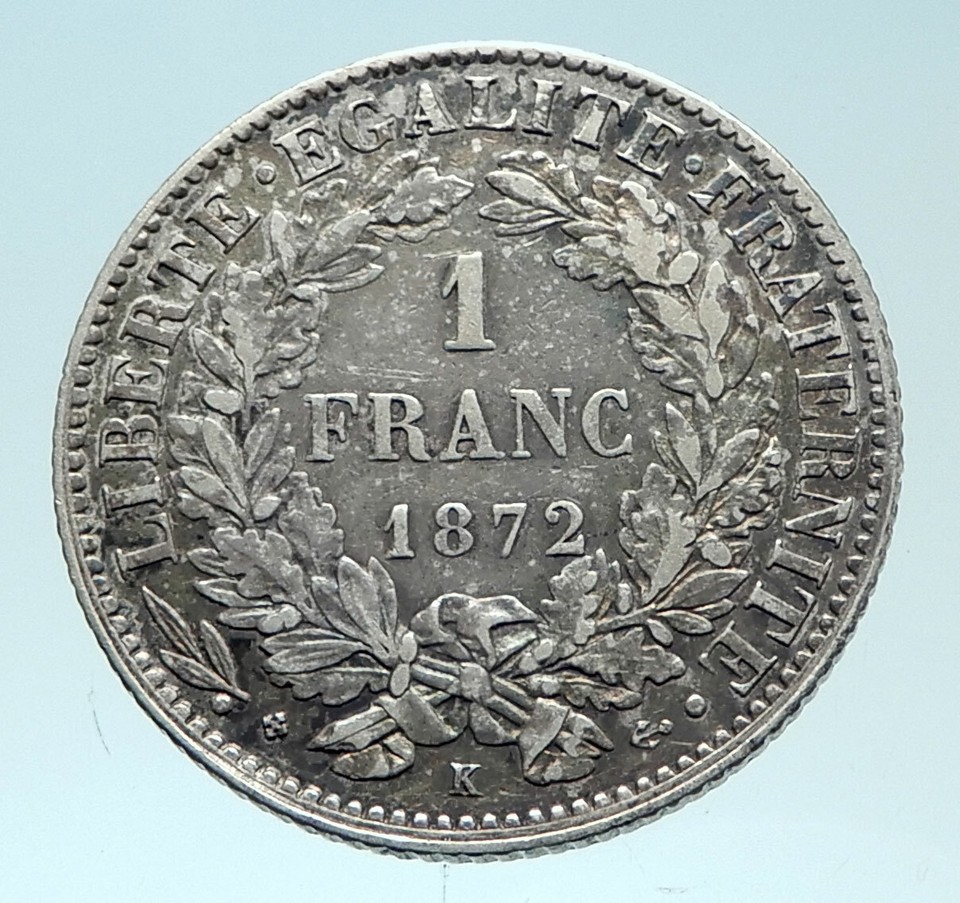 1872 K FRANCE with LIBERTY and MOTTO Genuine French Silver 1 Franc Coin ...