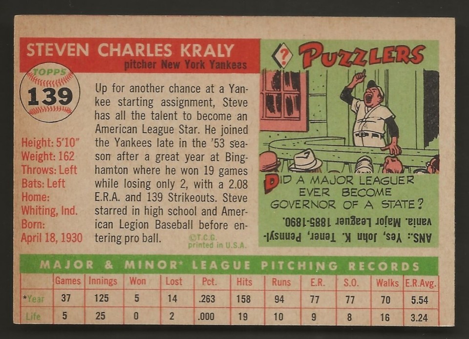1955 Topps #139 Steve Kraly New York Yankees EXMT | eBay